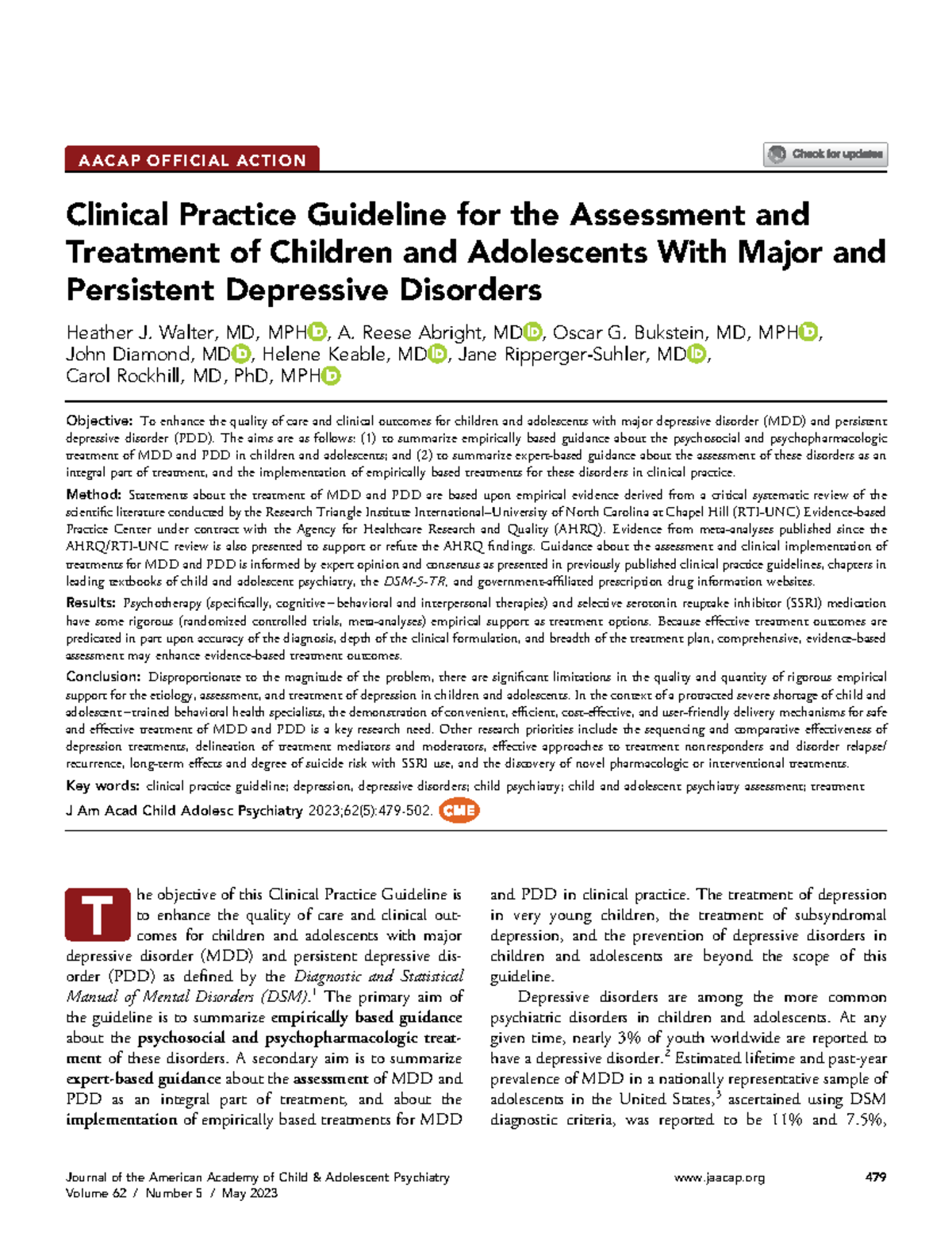 AACAP Clinical Practice Guideline for MDD and PDD in Youth - Studocu