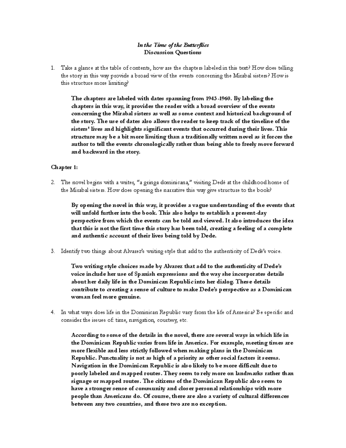 In the Time of the Butterflies: Reading Tasks for Chapters 1-2 - Studocu