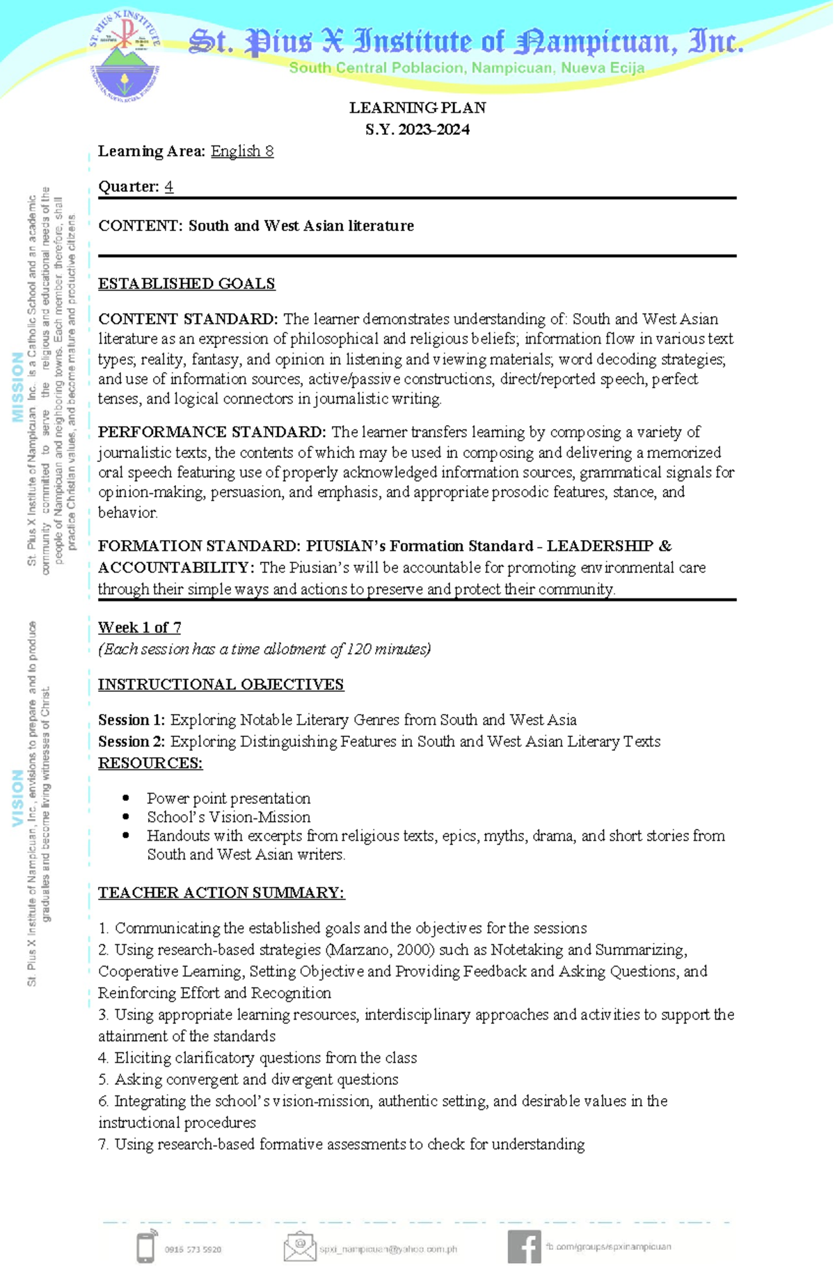 Grade 8 English Q4 Week 1: Lesson Plan on South & West Asian Literature ...