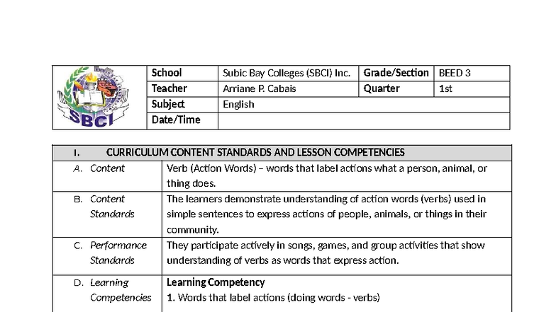 DLP - English BEED 3 Lesson Plan on Action Words and Verbs - Studocu