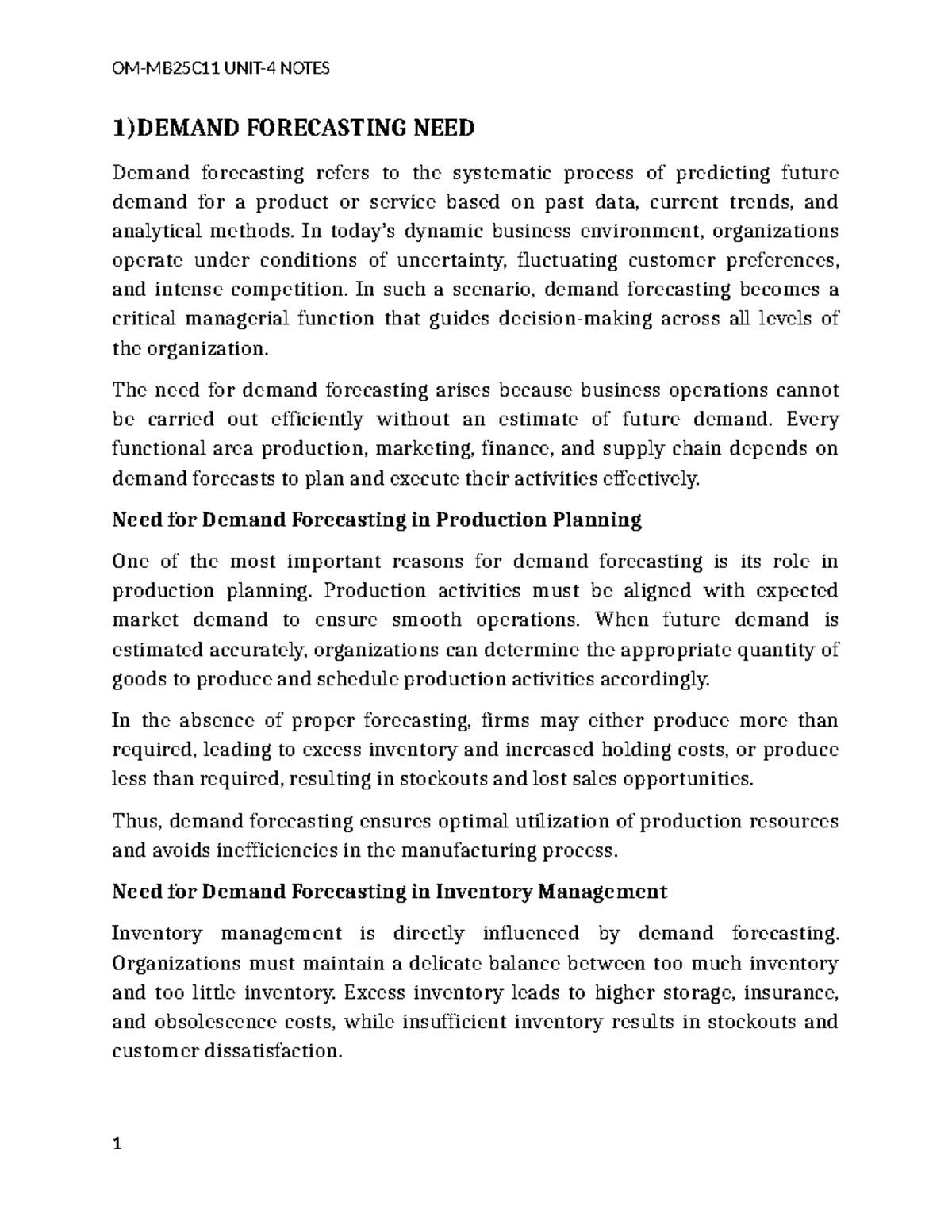 UNIT-4 Notes on Demand Forecasting and Operations Management - MB25C11 ...