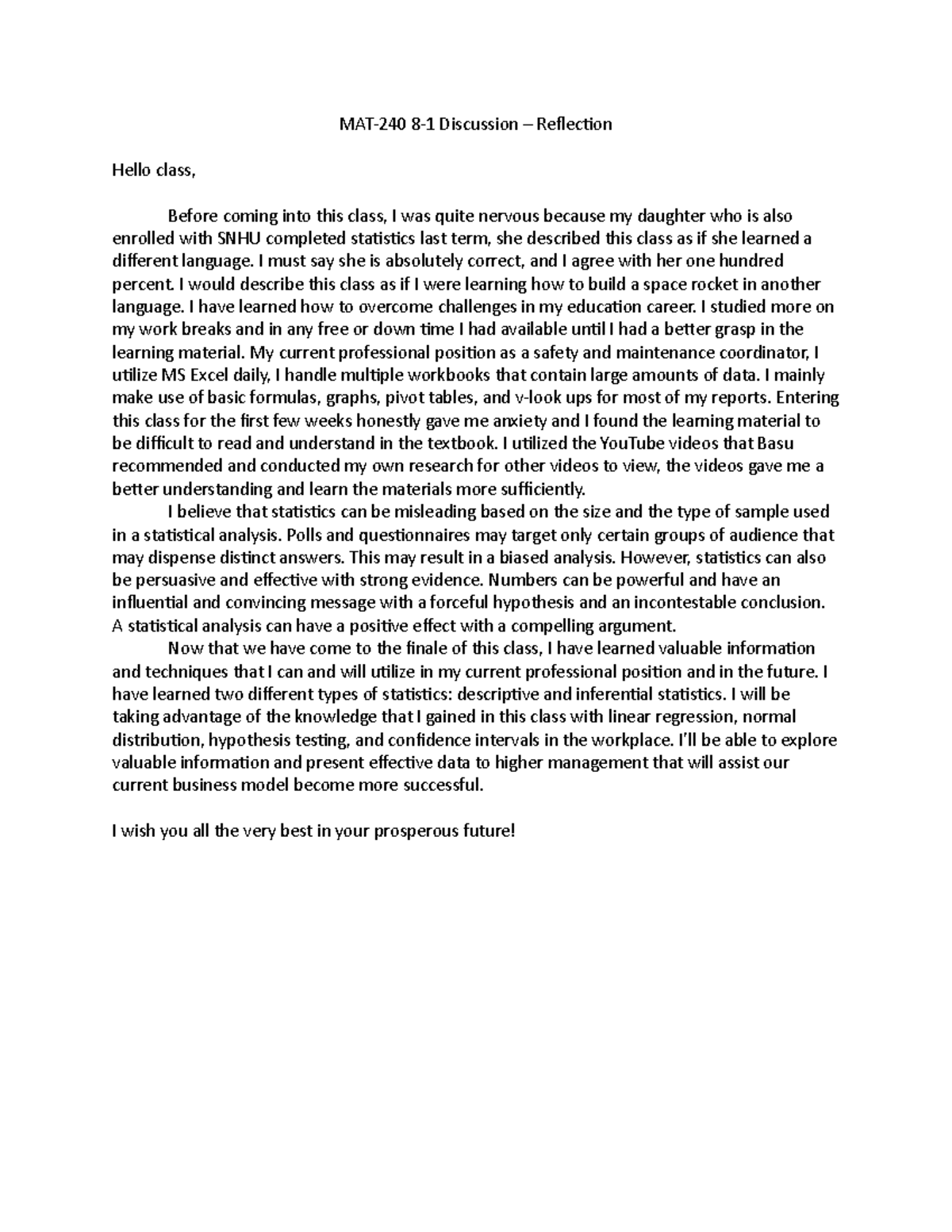 MAT-240 Module 8-1 Discussion Reflection: Learning & Growth in Stats ...