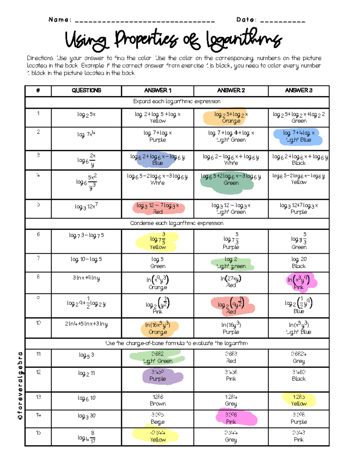Properties of Logs Coloring Activity - MATH 101 - Studocu