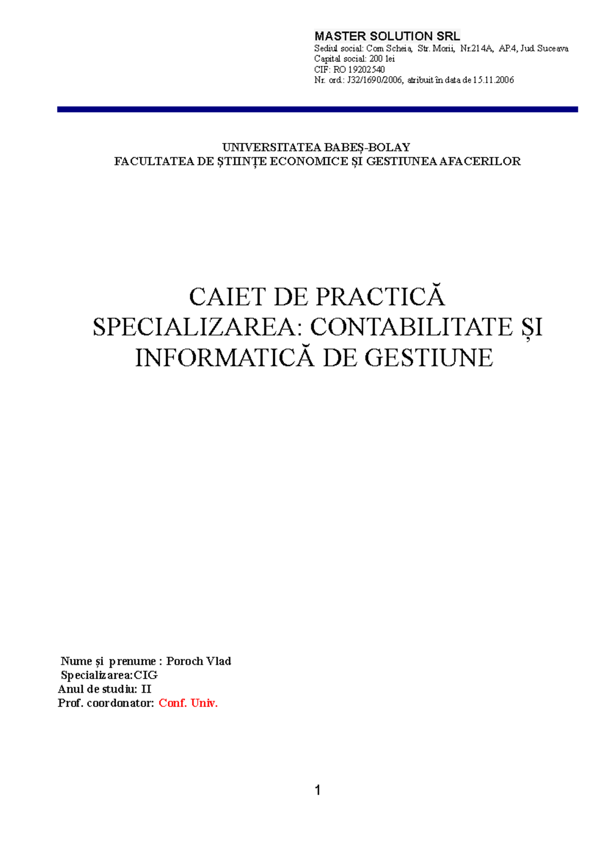 Caiet de Practică Contabilitate – MASTER SOLUTION SRL – Specializarea ...