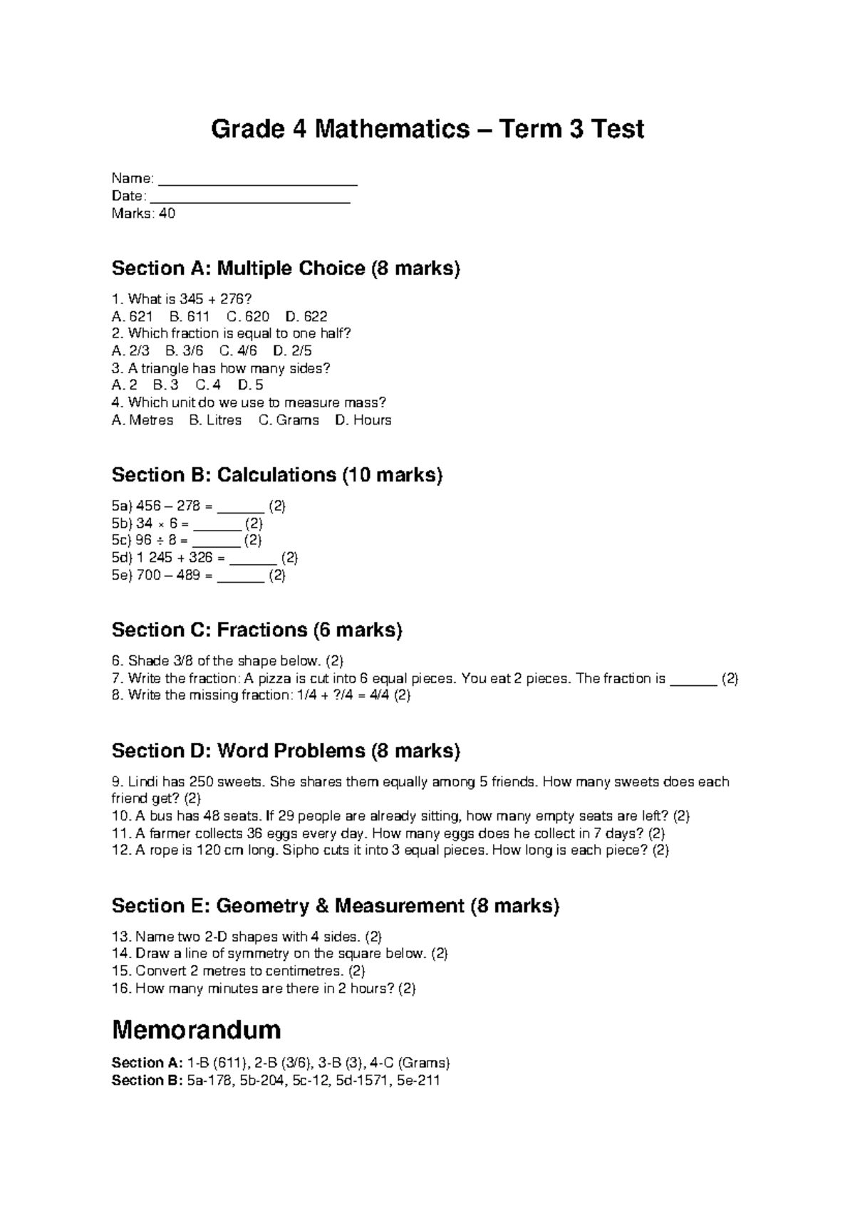 Grade 4 Maths Term 3 Test: Comprehensive Assessment Guide - Studocu