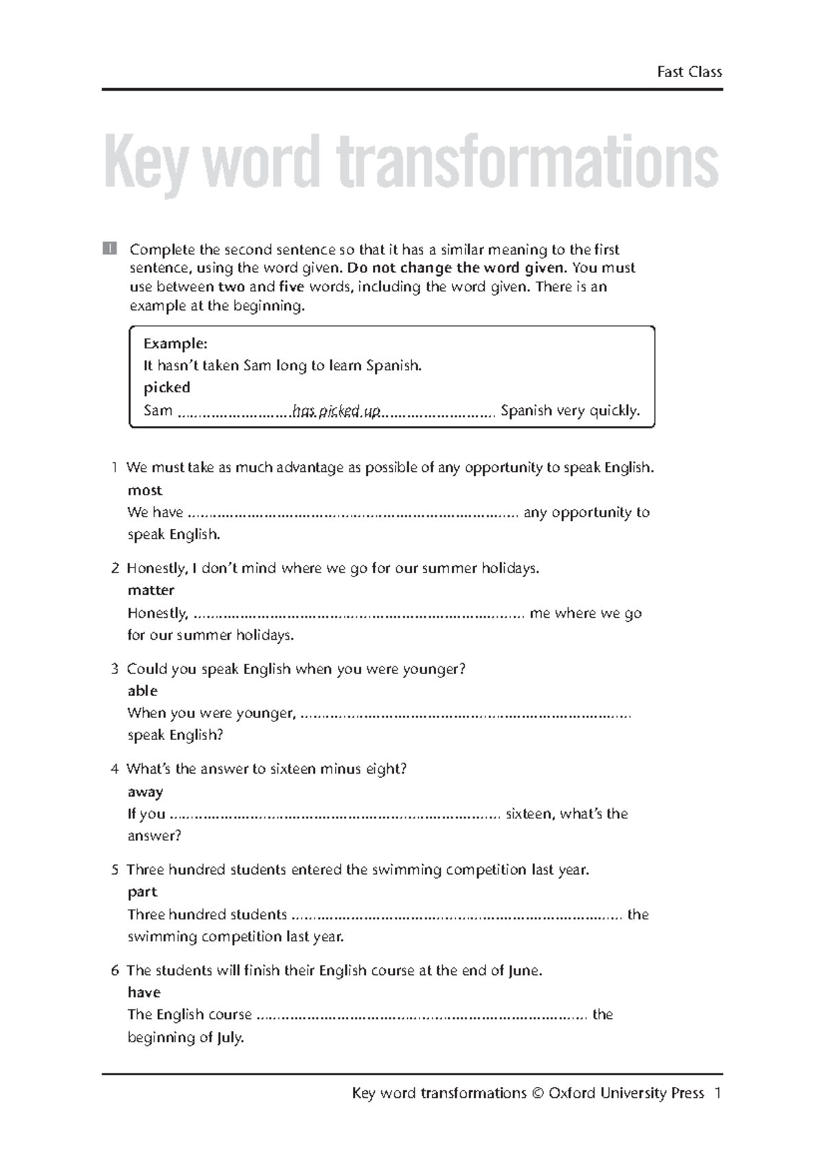 Fast Class Key Word Transformations: Complete Exercises and Answers ...