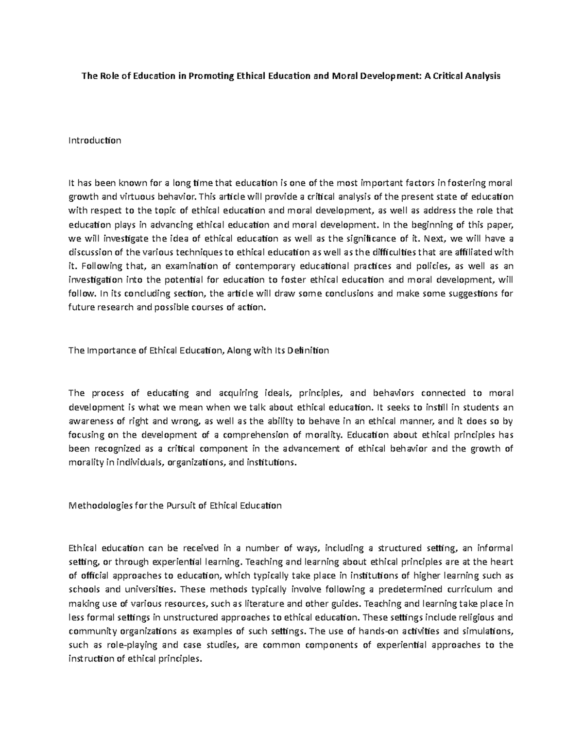 Critical Analysis of Ethical Education & Moral Development in Schools ...