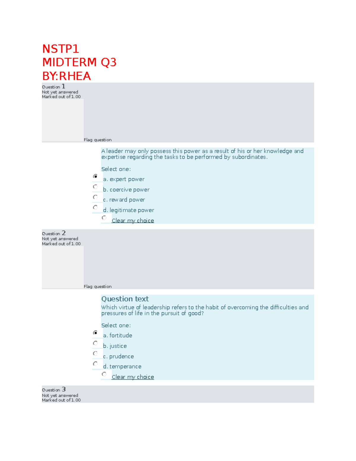 NSTP1 Q3Q4 Quiz Notes by Rhea - Leadership & Disaster Management - Studocu