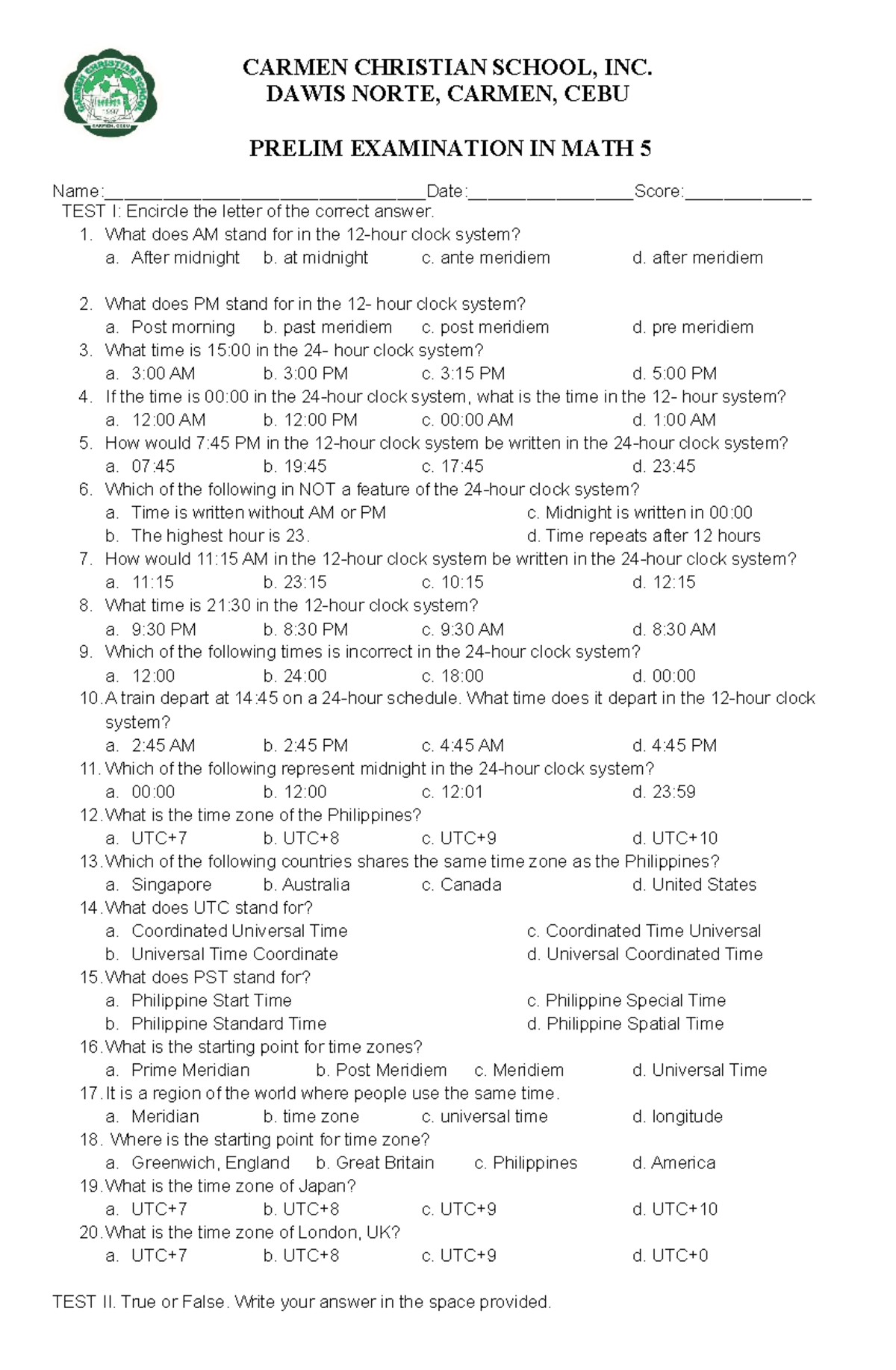 G5 Prelim Exam MATH: Time Concepts & Clock System Test - Studocu