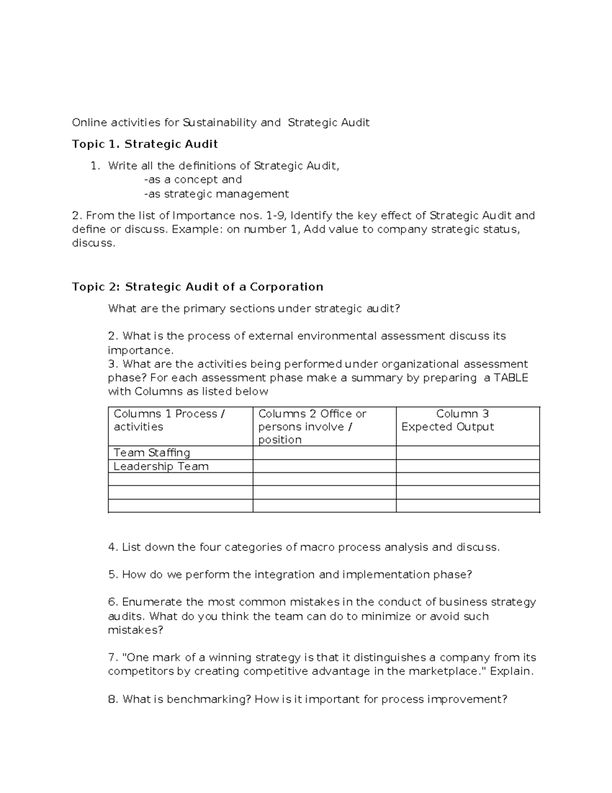 Online activities for Corporate Strategic Audit - Online activities for ...