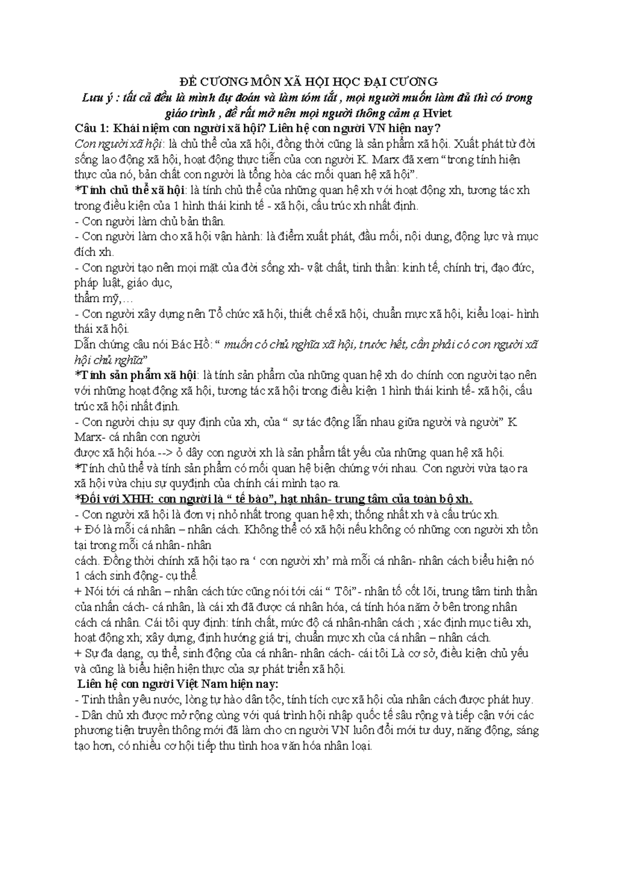 ĐỀ CƯƠNG MÔN XH HỌC ĐẠI CƯƠNG: Tóm Tắt Kiến Thức Cơ Bản - Studocu