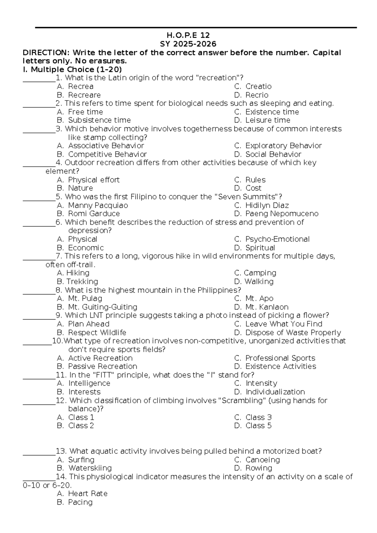 PE 12 Summative: Multiple Choice & True/False Questions - Studocu