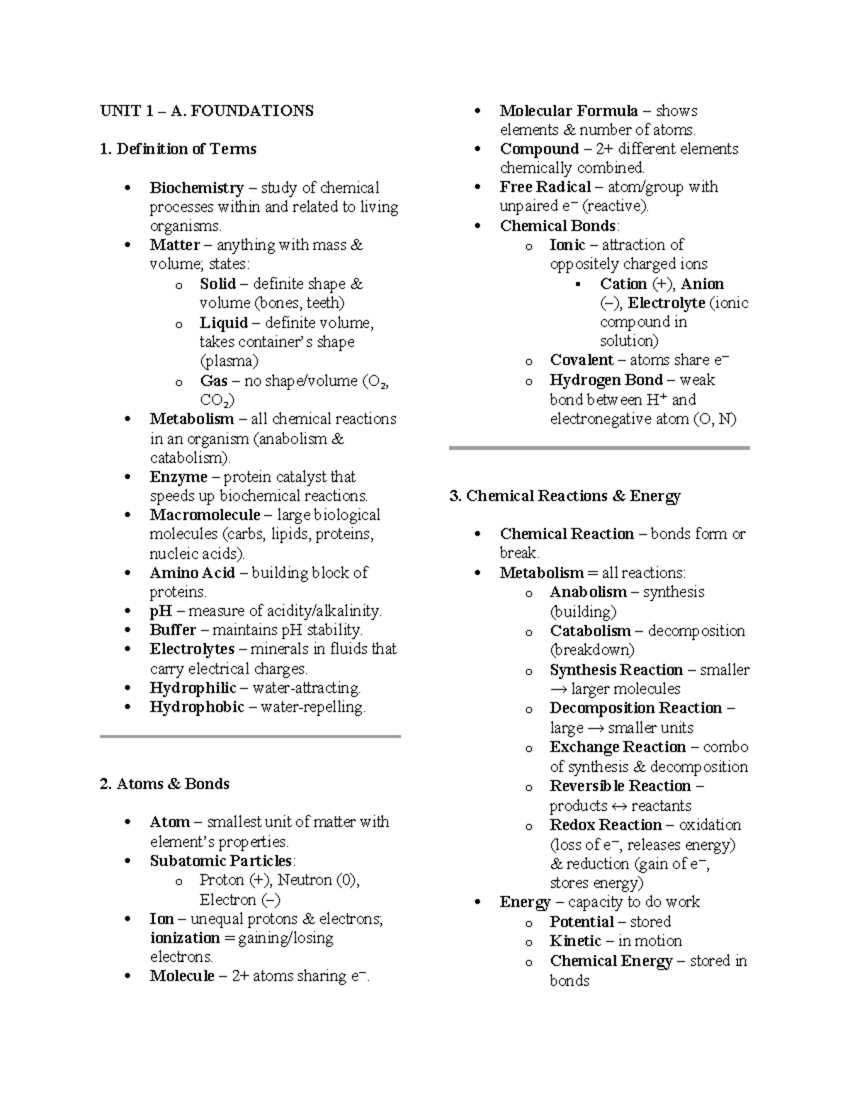 Biochem 101: Foundations of Biochemistry - Key Concepts & Definitions ...