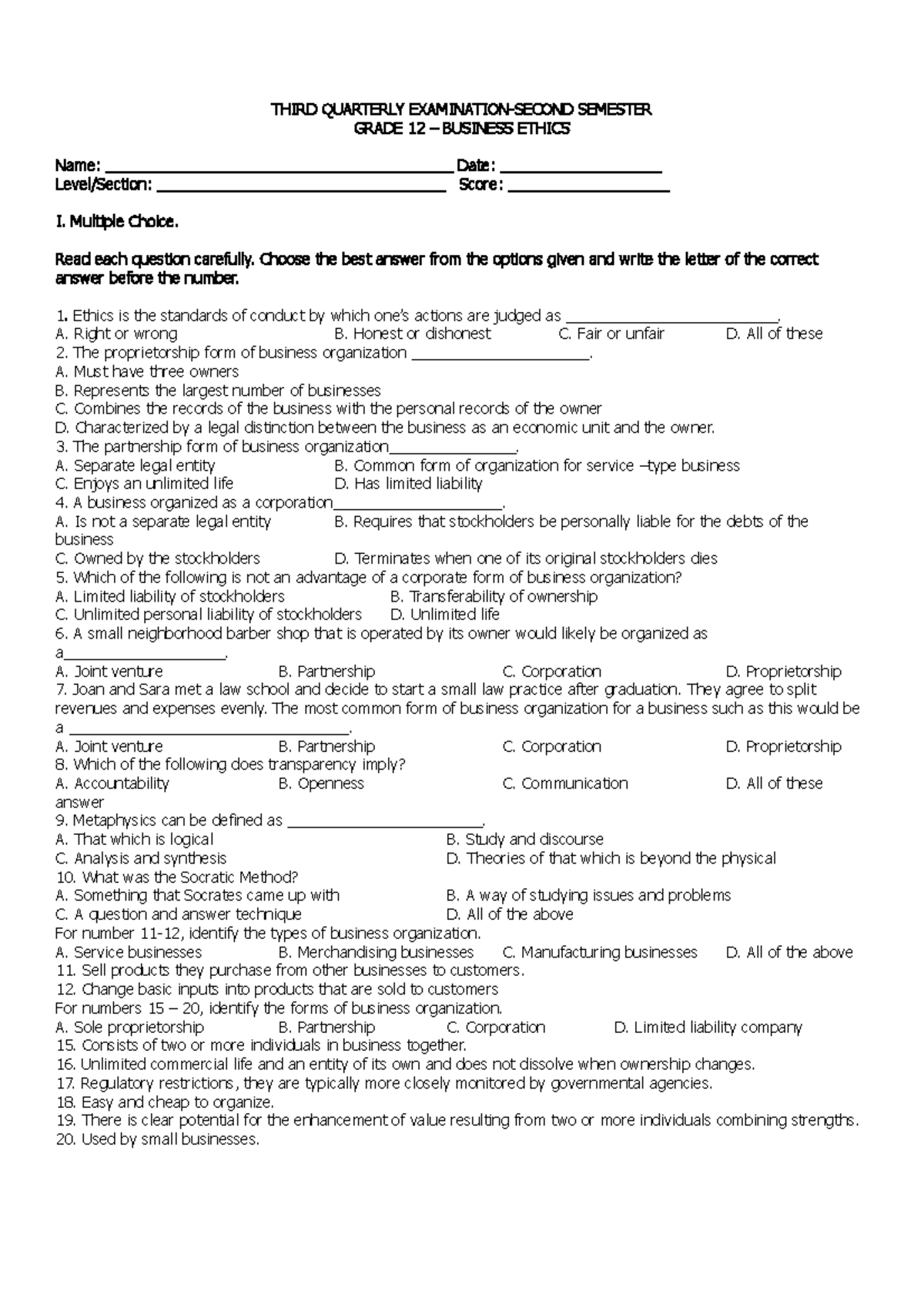 Grade 12 Business Ethics: 3rd Quarterly Exam Questions & Answers - Studocu