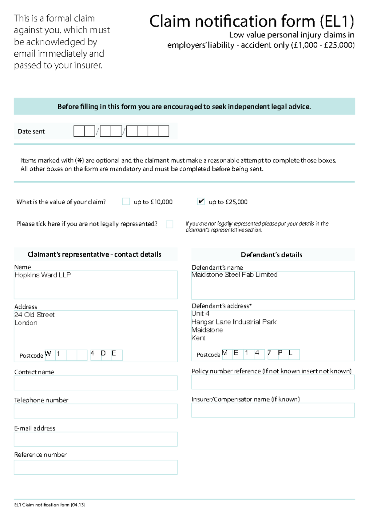 EL1 Claim notification form - Claim notification form (EL1) Low value ...