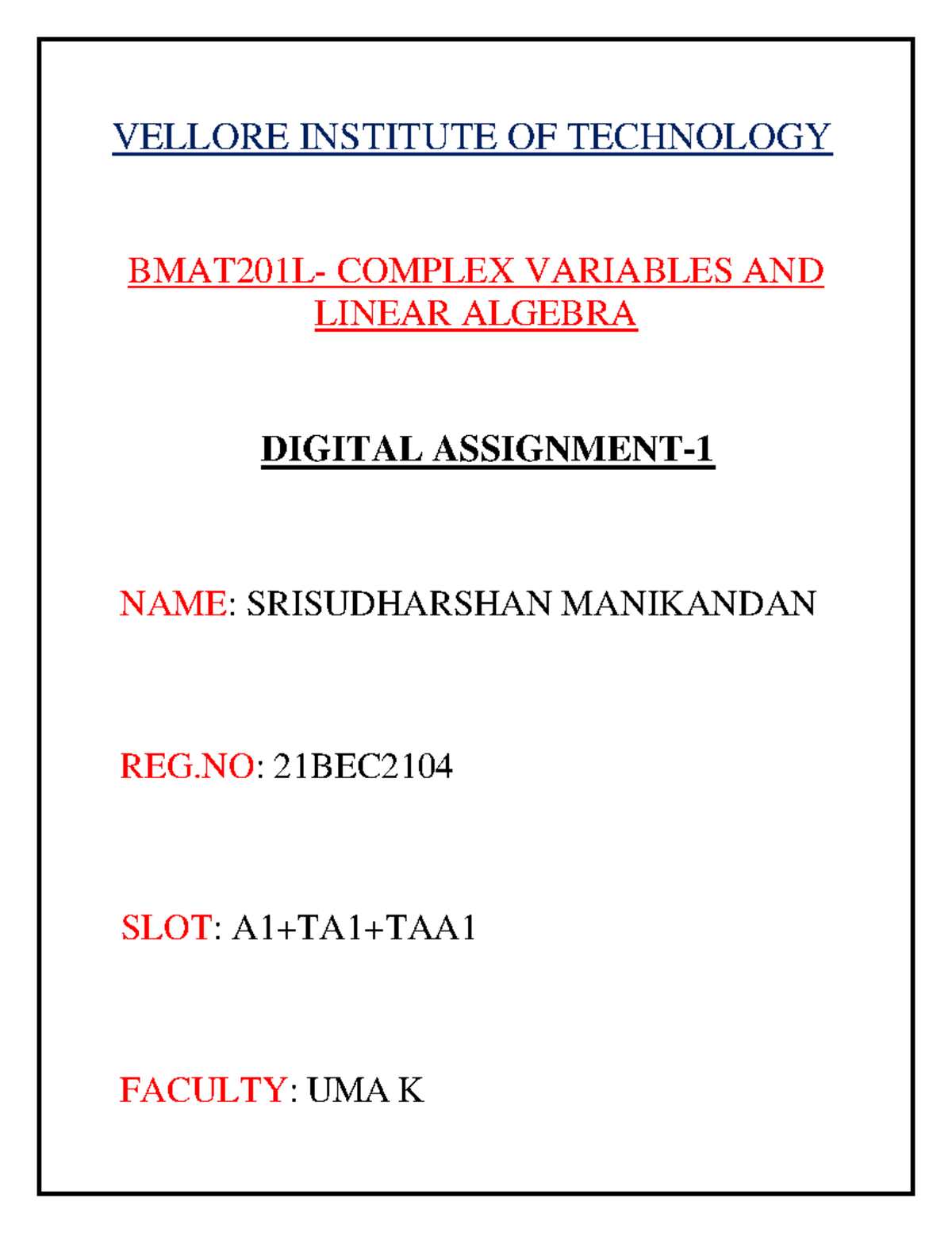 BMAT201L - Complex Variables & Linear Algebra Digital Assignment - Studocu