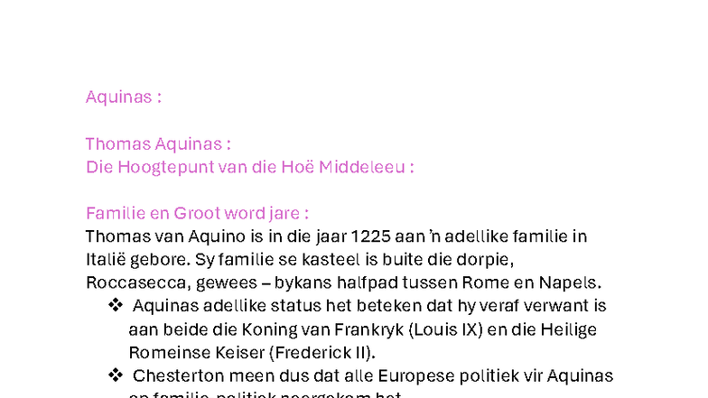 Aquinas (PHI101): 'n Oorsig van sy Lewe, Werk en Filosofie - Studocu