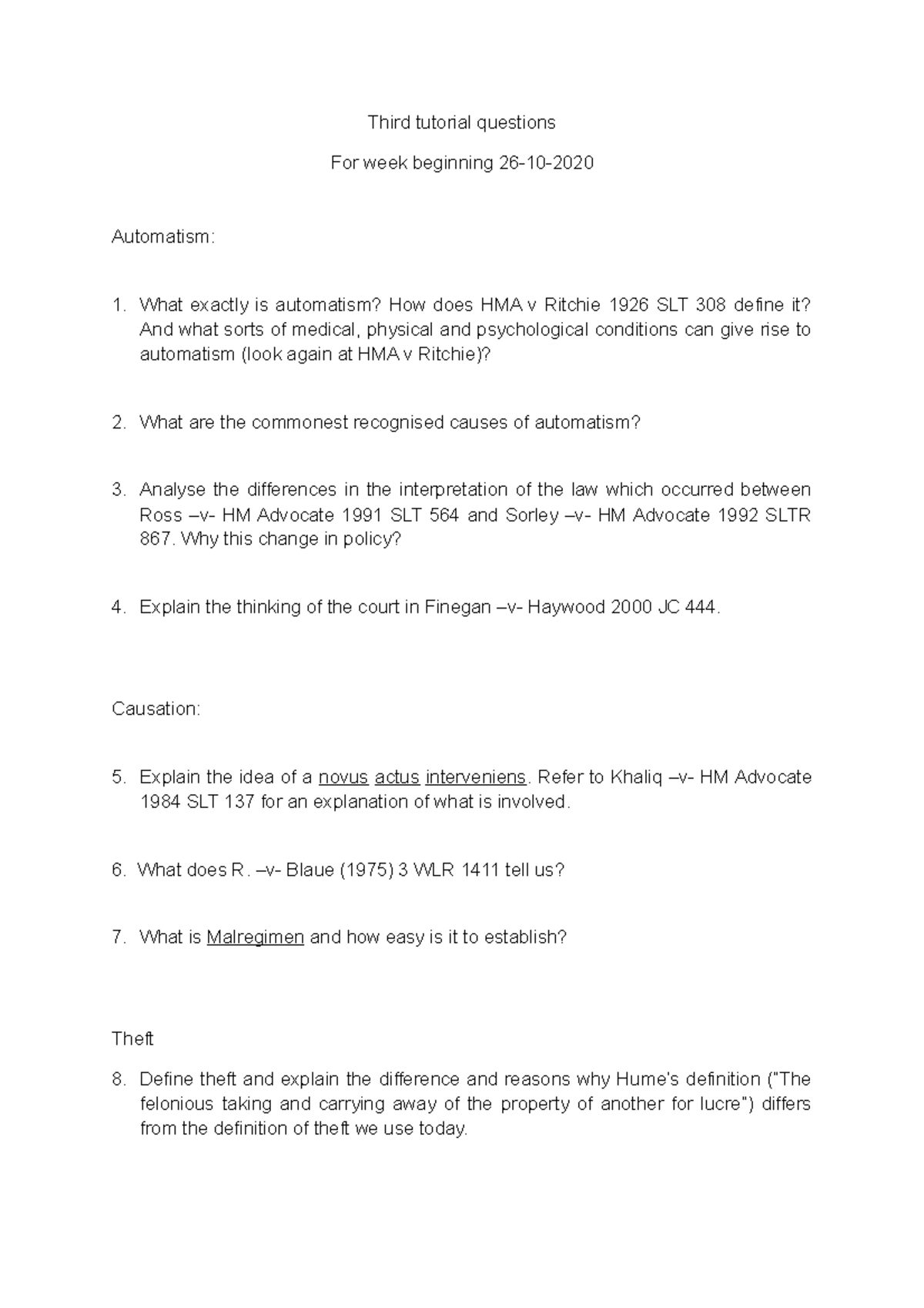 Tutorial 3 Questions - Third tutorial questions For week beginning 26 ...