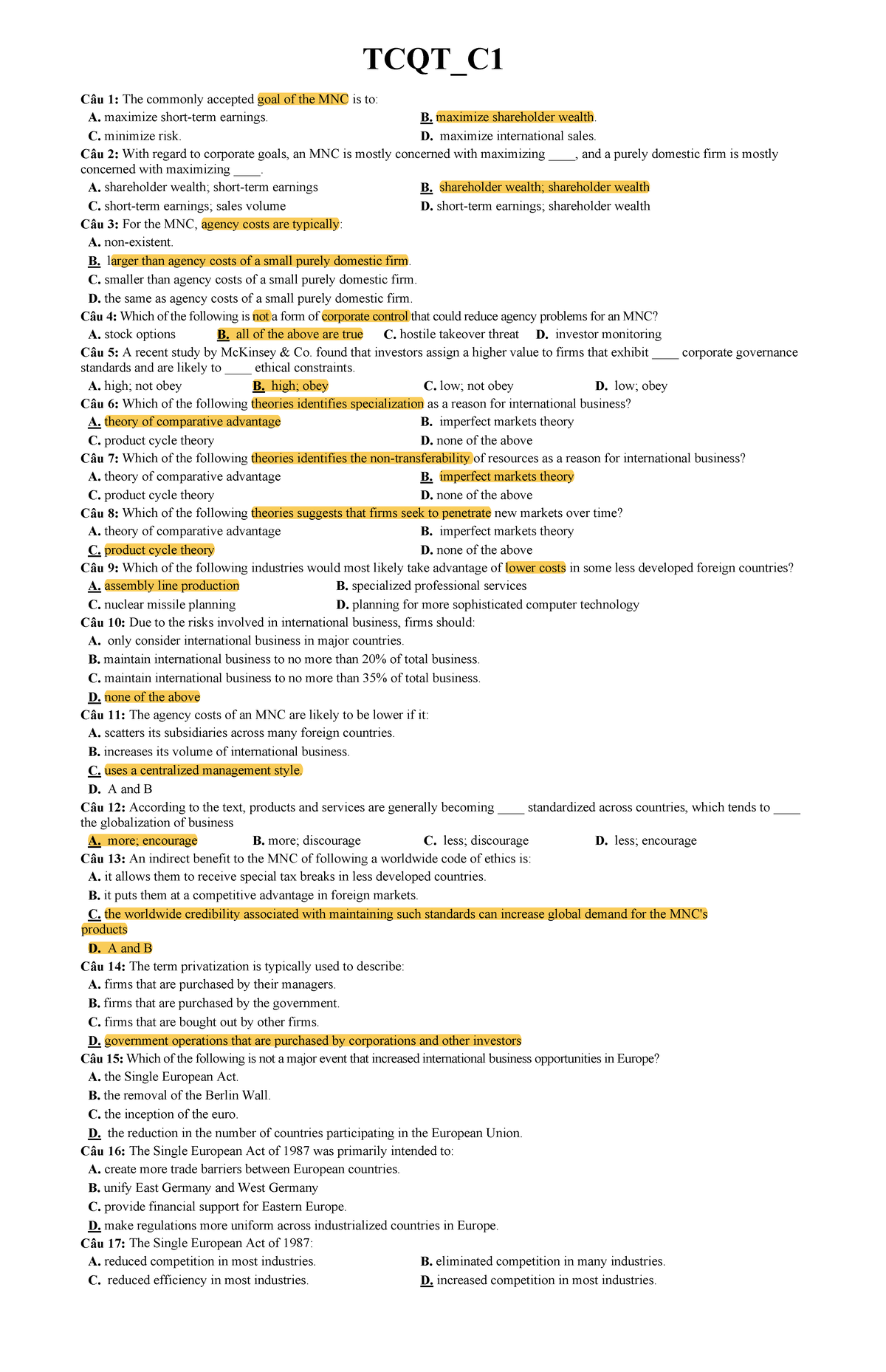 TCQT_C1 MNC Goals and Agency Costs: Exam Questions and Answers - Studocu