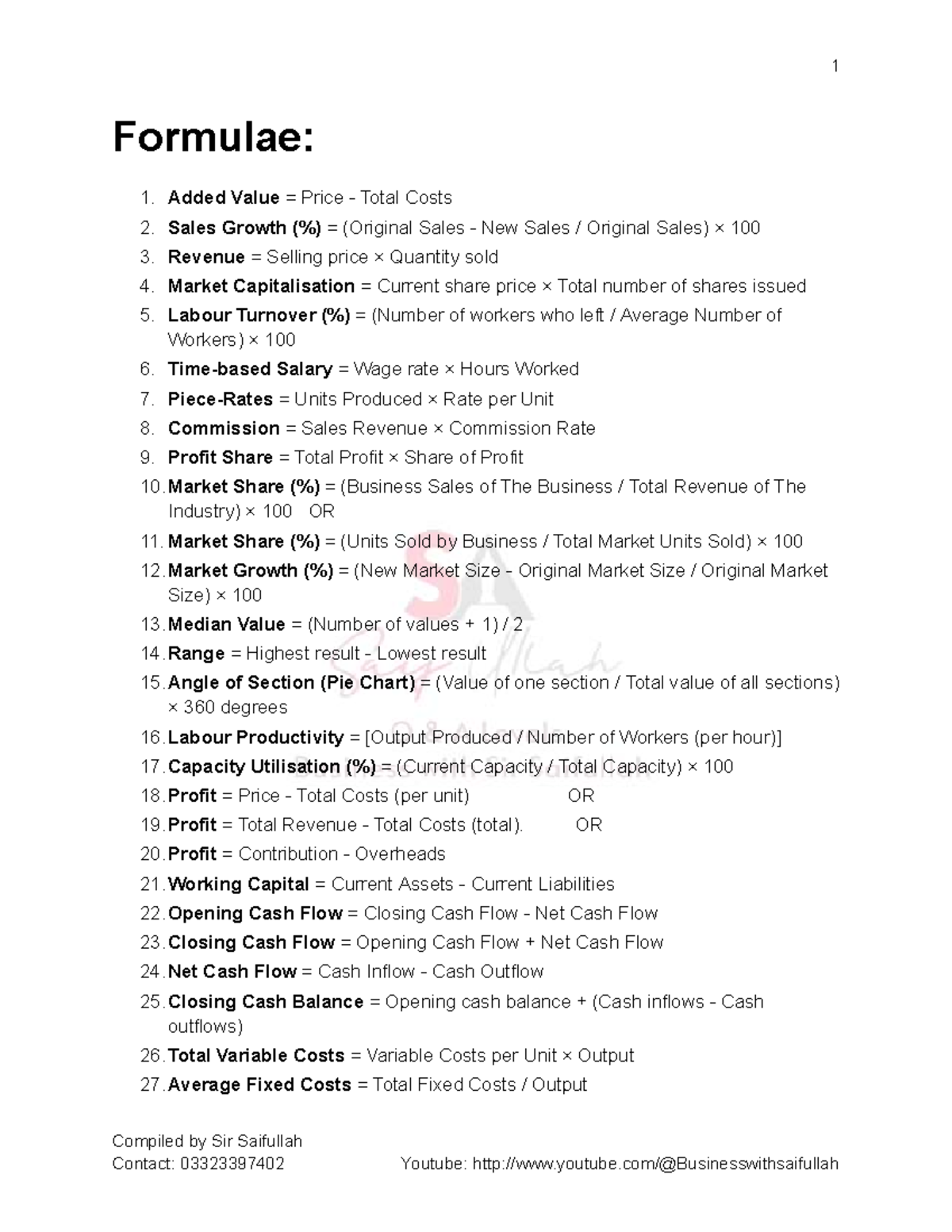 Business Formula Sheet: Key Metrics & Calculations for Success - Studocu