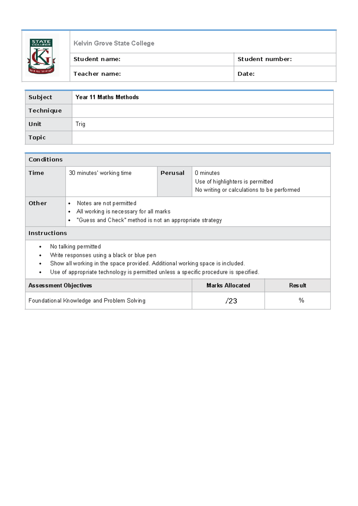 Year 11 Maths Methods Topic Test: Trigonometric Functions - Studocu