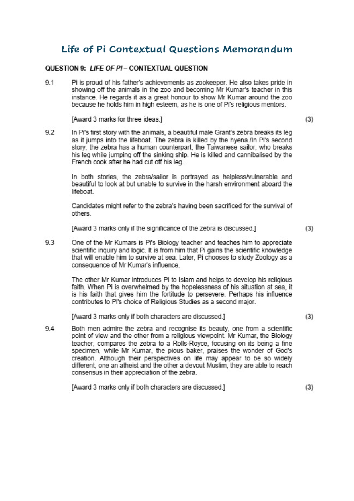 Life of Pi Contextual Questions Memorandum (CQ) - Studocu
