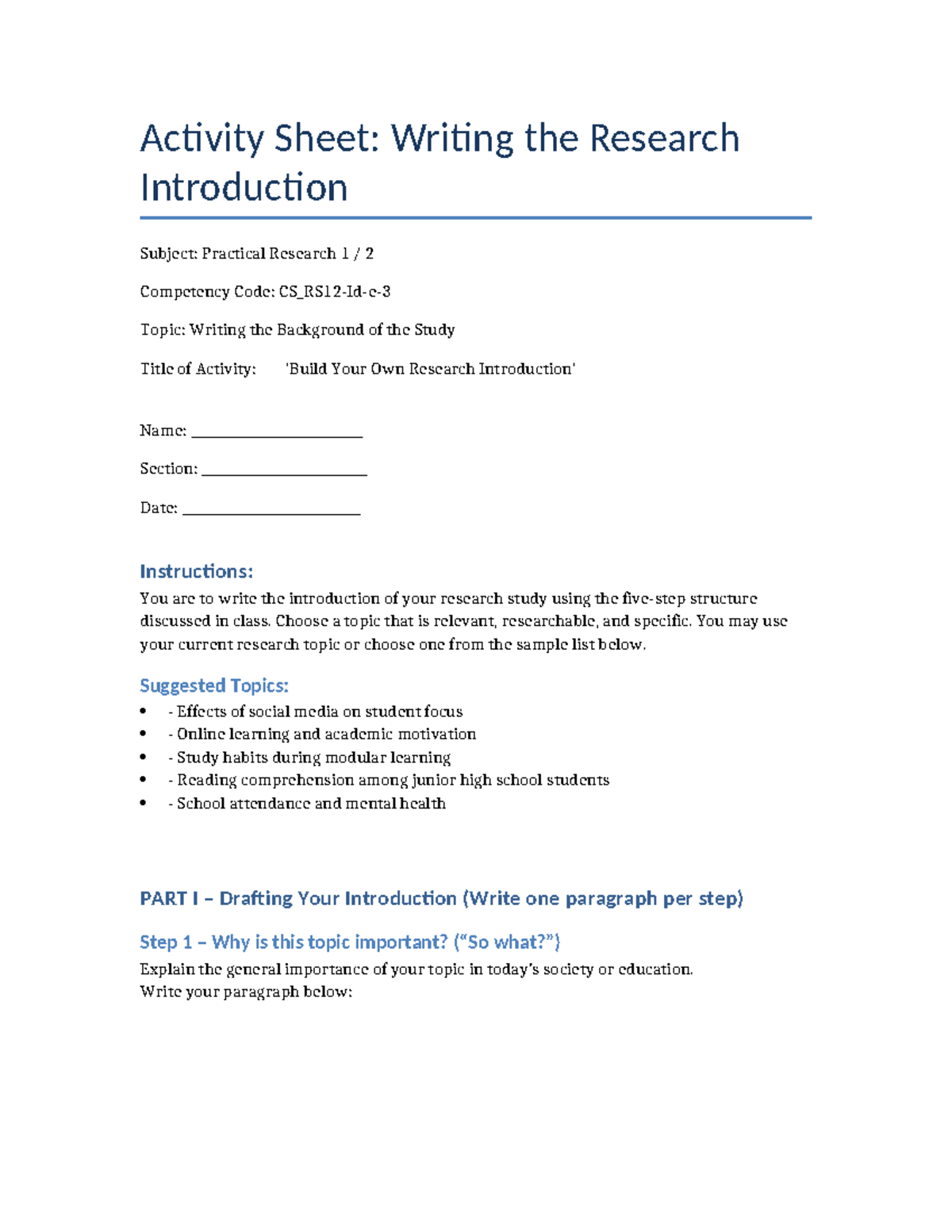 Practical Research 1: Research Introduction Activity Sheet - Studocu