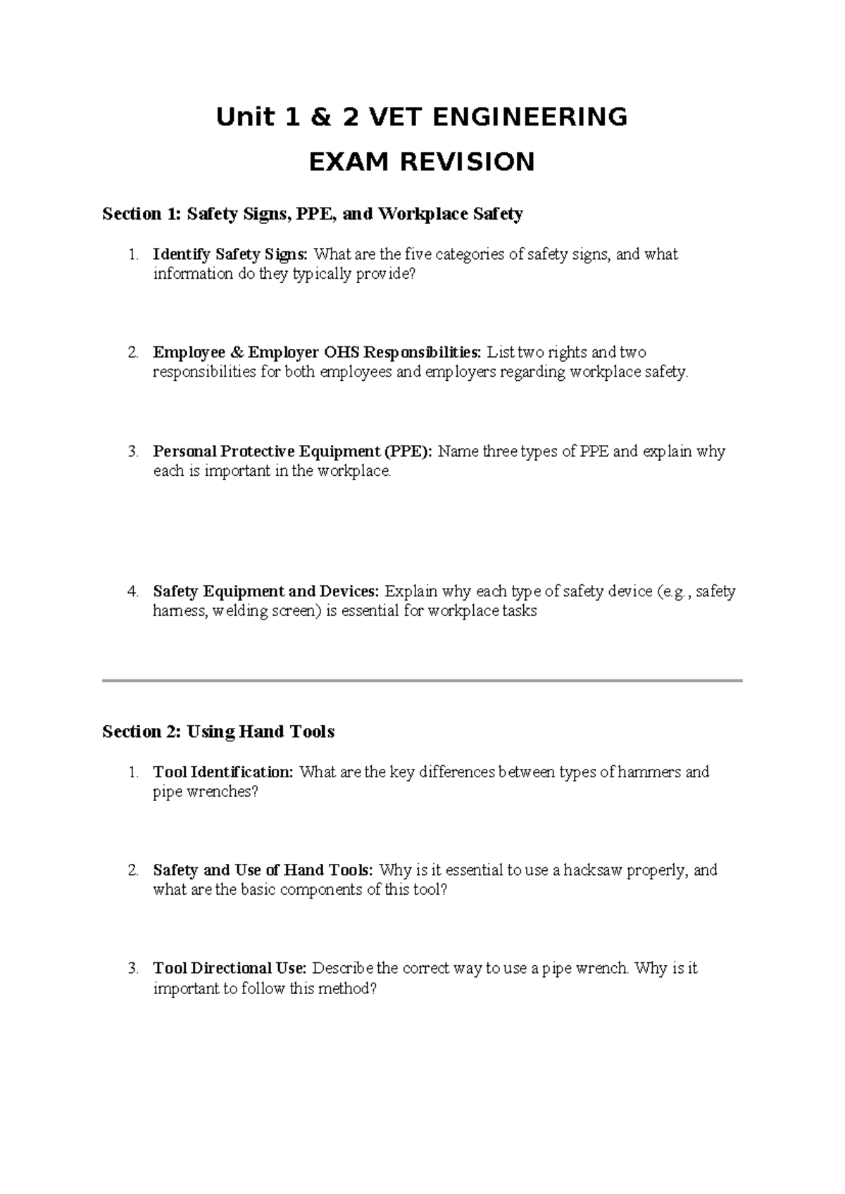 Unit 1 & 2 VET Engineering Exam Revision 2025: Safety & Tools - Studocu