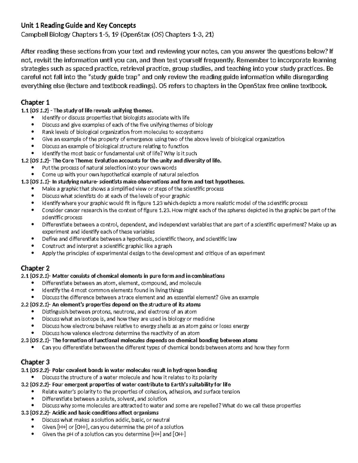Unit 1 Reading Guide: Key Concepts from Campbell Biology (Chapters 1-5 ...