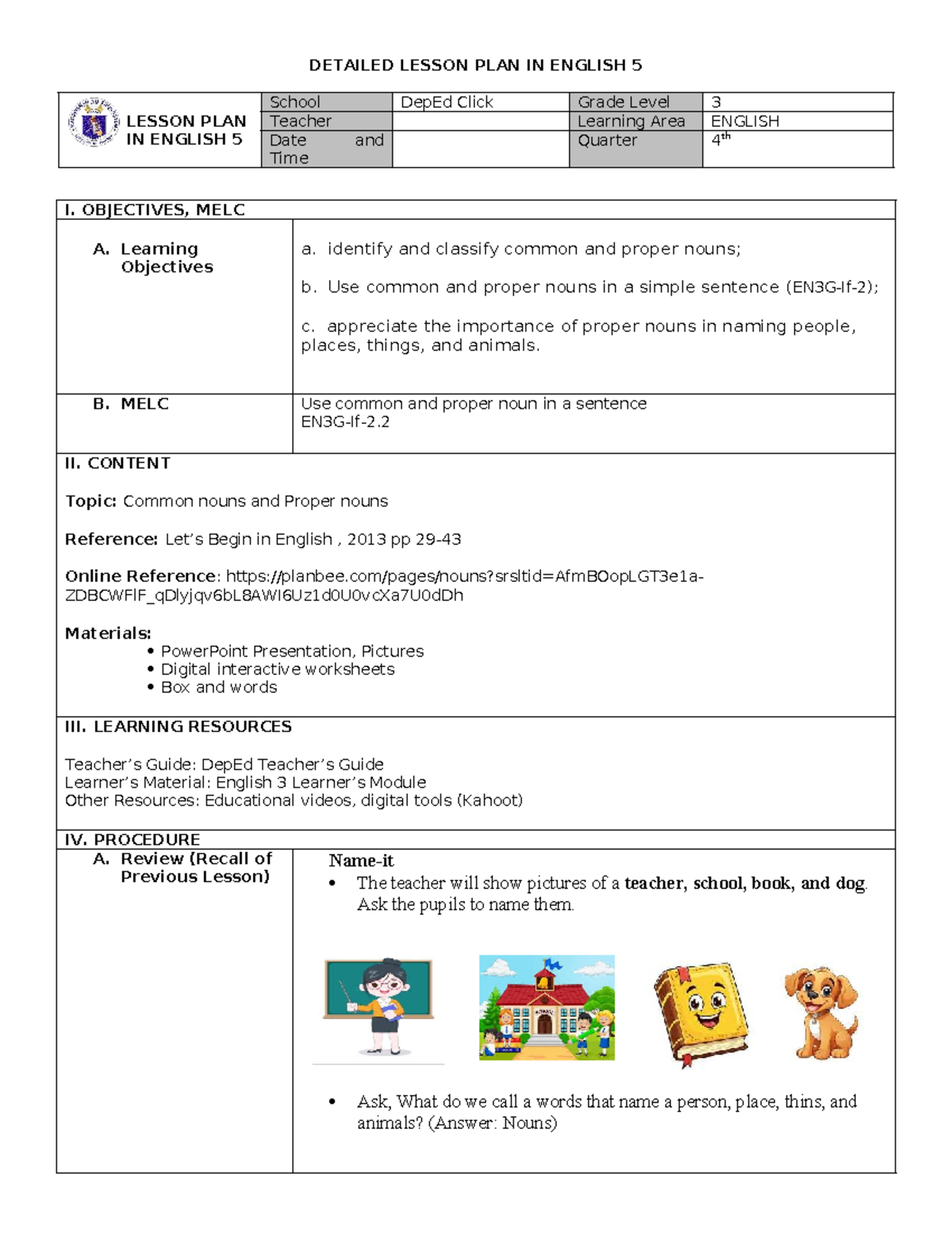 Grade 3 Lesson Plan: Common and Proper Nouns (English 5) - Studocu