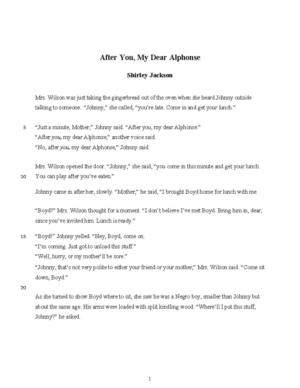 After You, My Dear Alphonse - Study Notes on Shirley Jackson - Studocu