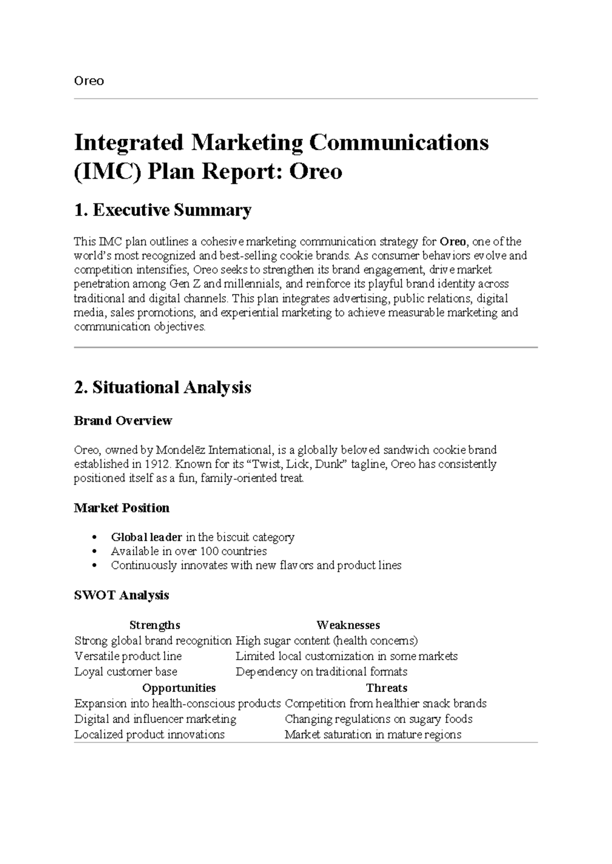 Oreo IMC Marketing Plan: Engaging Gen Z & Millennials for Growth - Studocu