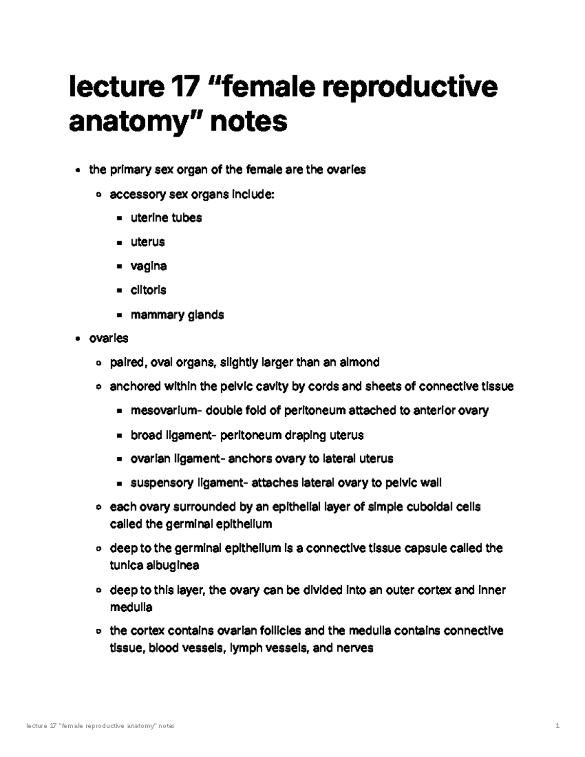 Lecture 17: Female Reproductive Anatomy Notes - Studocu
