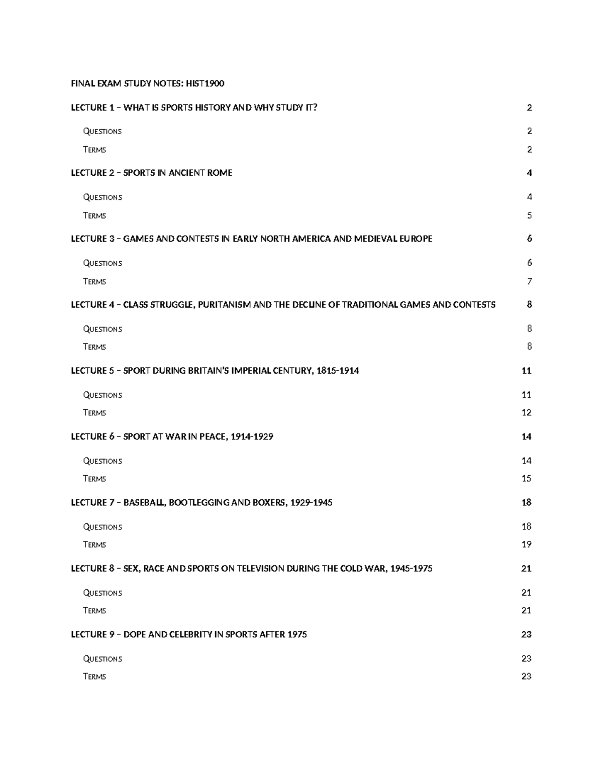 HIST1900 Final Exam Study Guide: Key Concepts in Sports History - Studocu