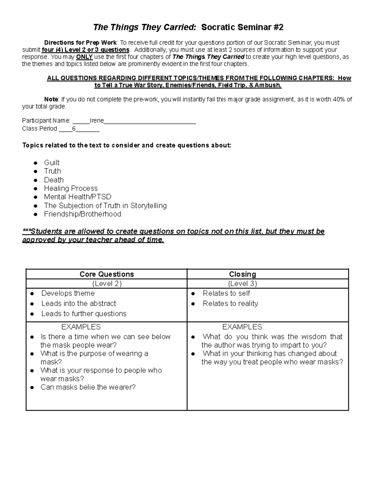 The Things They Carried: Socratic Seminar Prep Part 2 Guide - Studocu