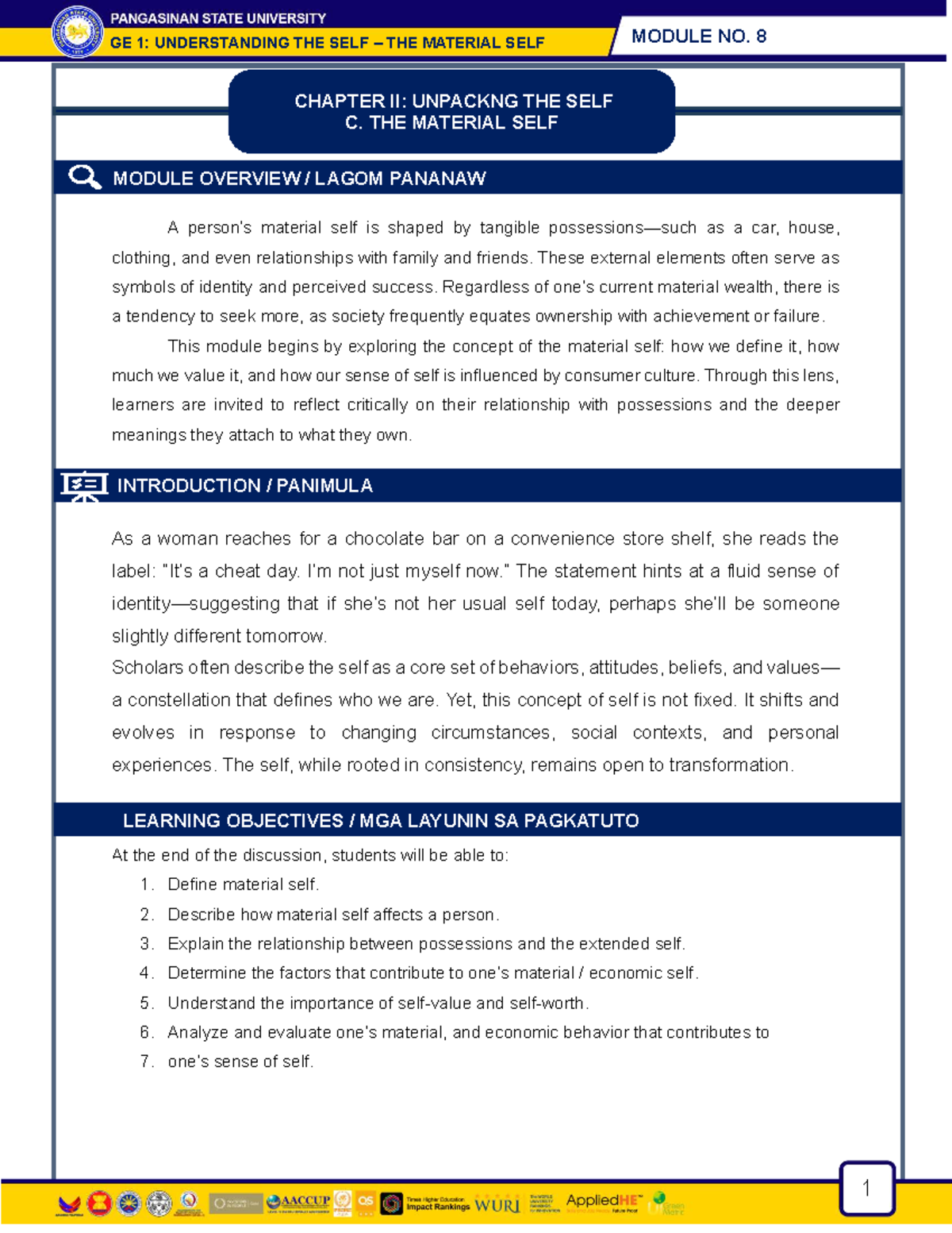 GE 1: Understanding the Material Self - Module 8 Overview - Studocu