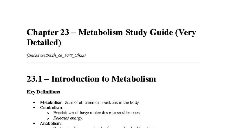 Chapter 23 Metabolism Study Guide (Detailed Notes) - Studocu
