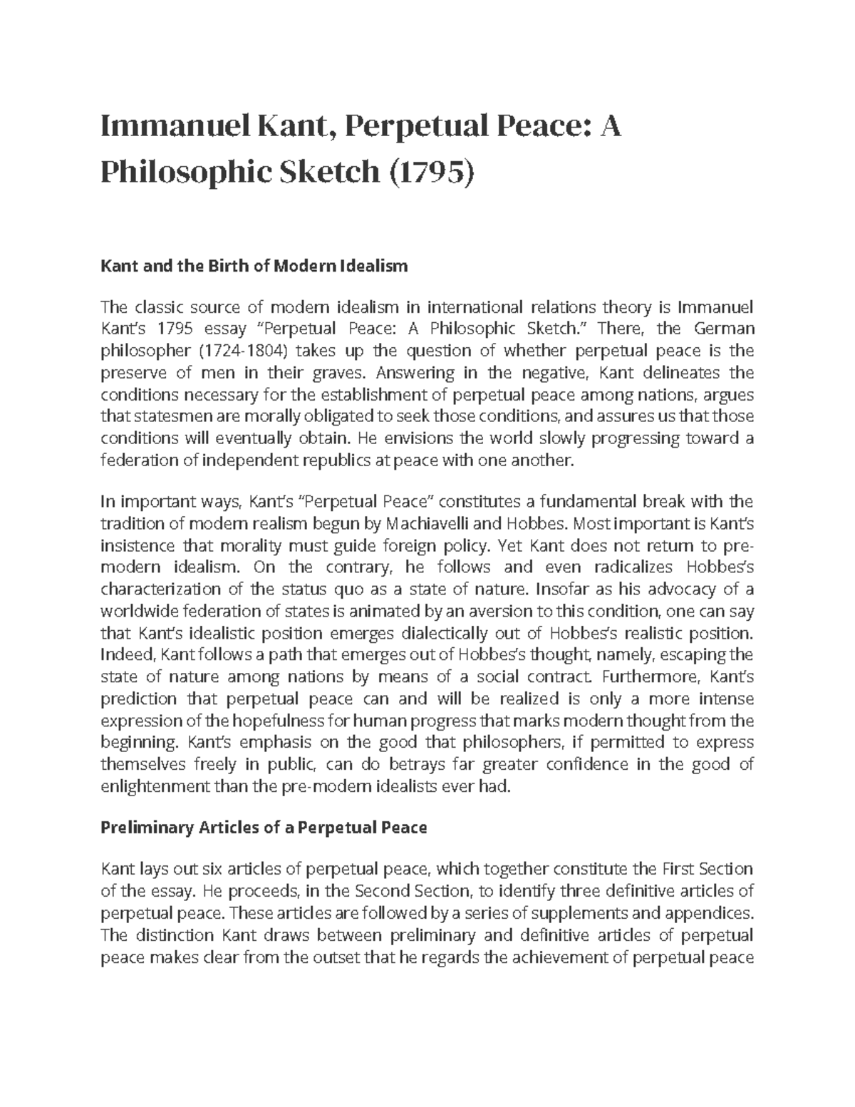 Highlights of Kant's Perpetual Peace: A Philosophic Sketch (1795) - Studocu