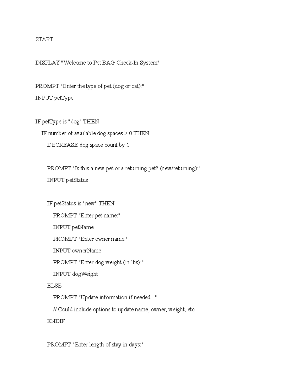 IT145 - Module 1 Pseudo Code for Pet Check-In System - Studocu