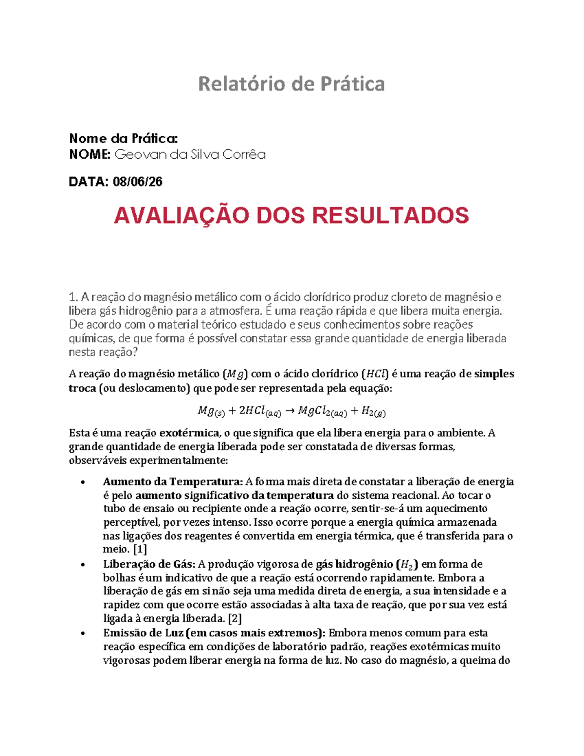 Relatório de Prática: Reatividade Química dos Metais - Fase 3 ...