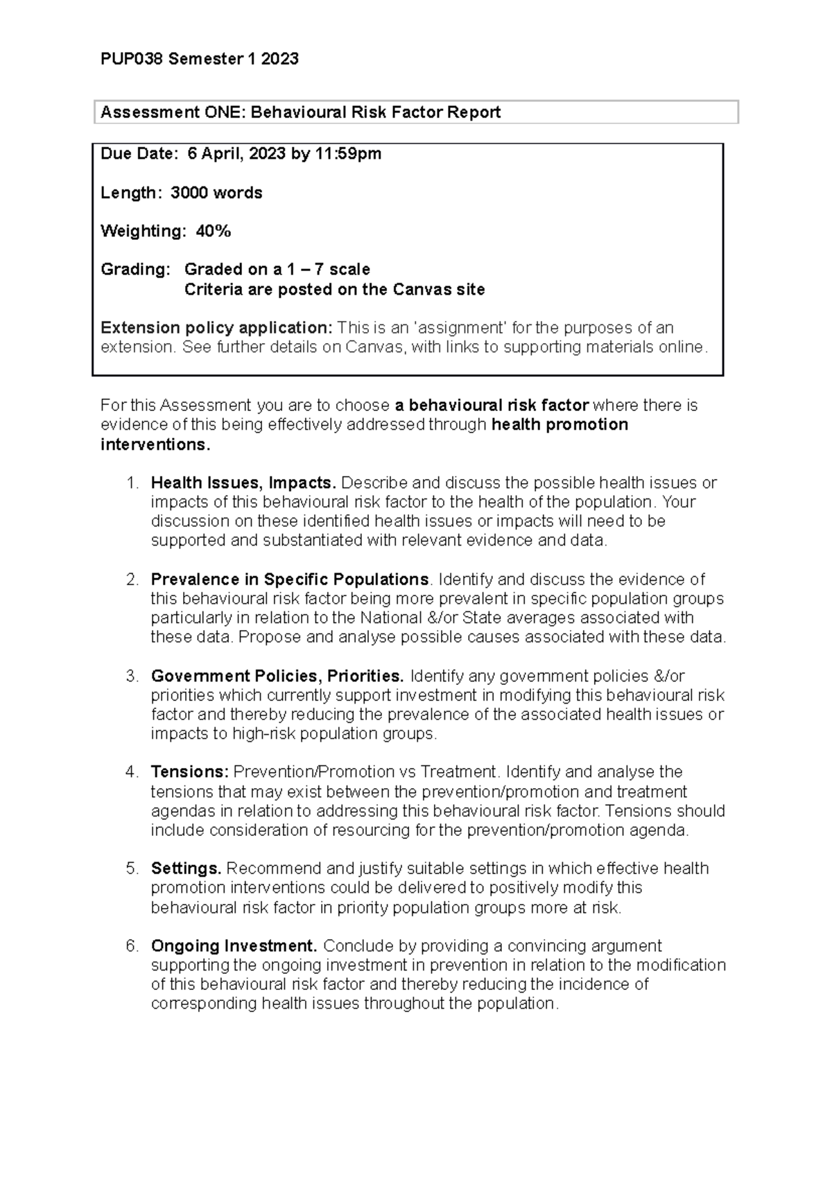 Behavioural Risk Factor Report Guidelines - PUP038 2023 Semester 1 ...