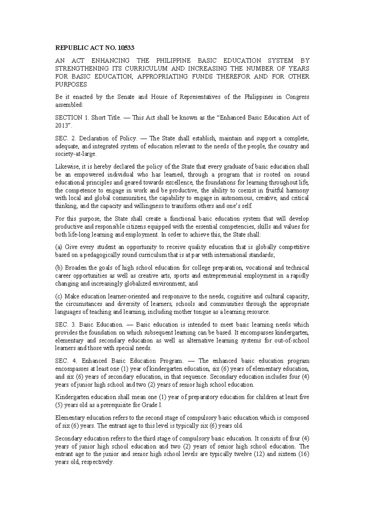 Republic Act No. 10533: Enhancing the Philippine Basic Education System ...