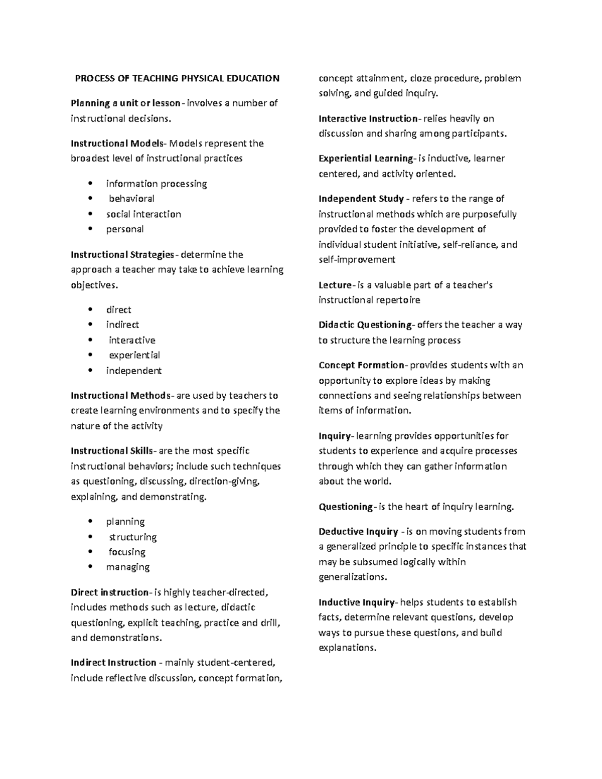 PED 105 106 Reviewer: Teaching Processes in Physical Education - Studocu