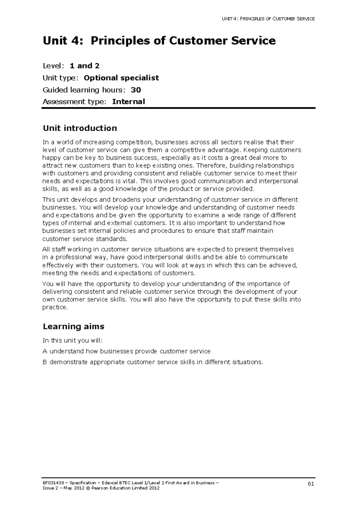 Unit 4: Principles of Customer Service - Edexcel BTEC Level 1/2 ...