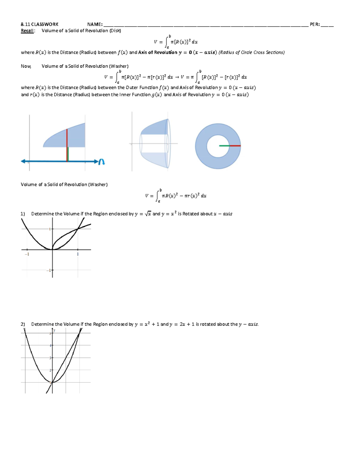 Volume of Solids of Revolution: Discs & Washers (Math 101 Classwork ...