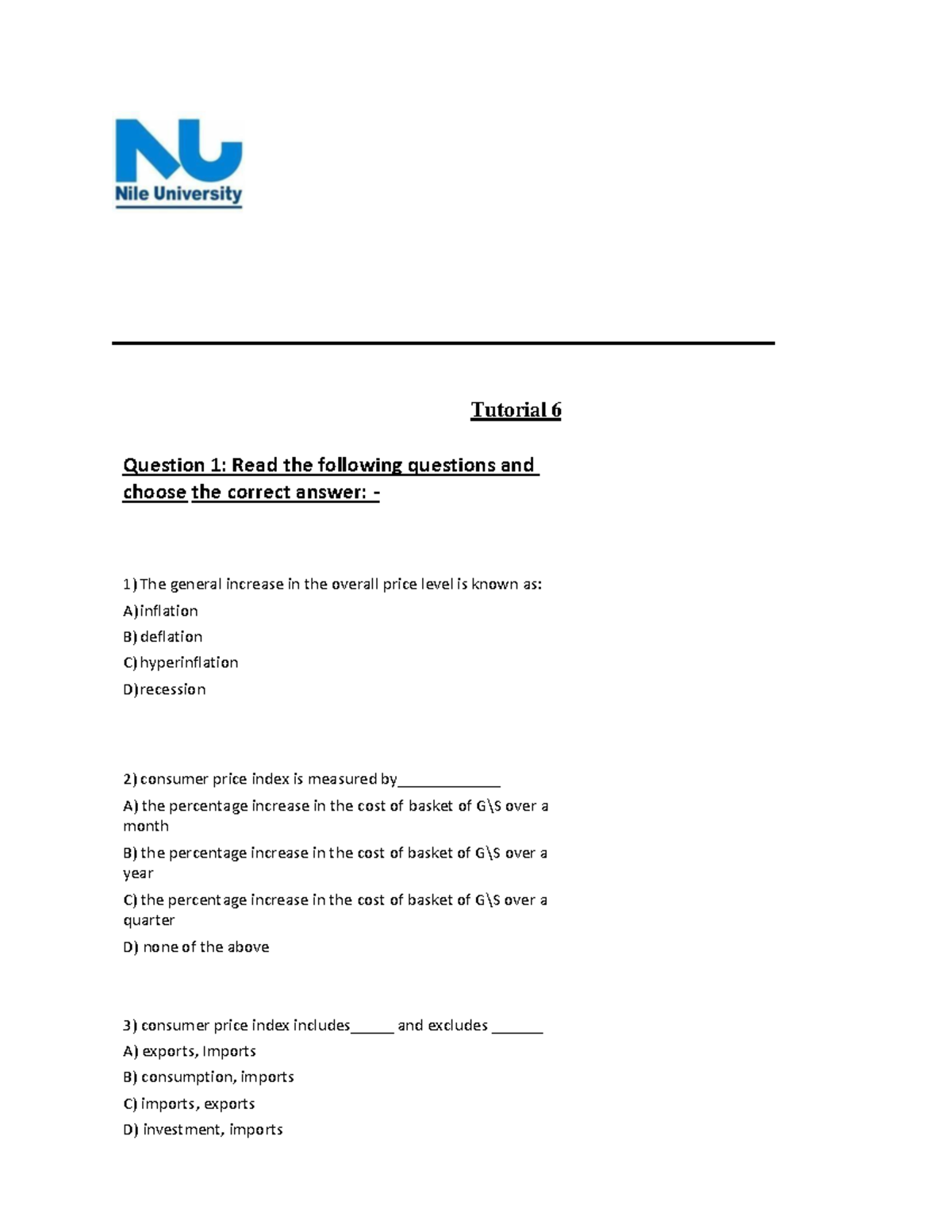 Tutorial 7: Quiz on Consumer Price Index and Inflation Concepts - Studocu