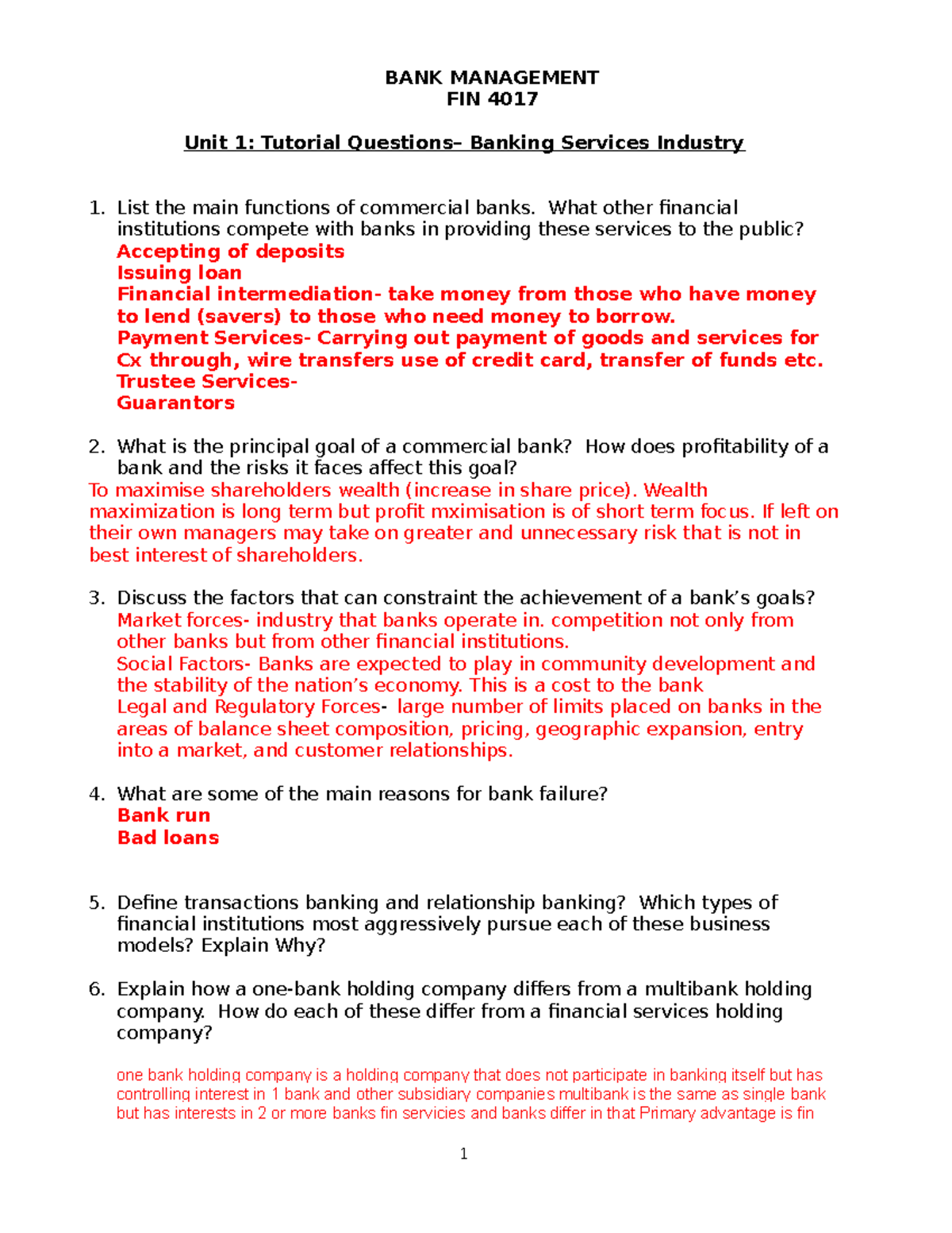 FIN 4017 Bank Management Unit 1: Banking Services Tutorial Questions ...