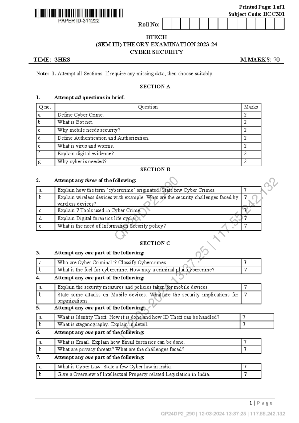 BCC301 Cyber Security: 2023-24 Previous Year Questions & Exam Guide ...