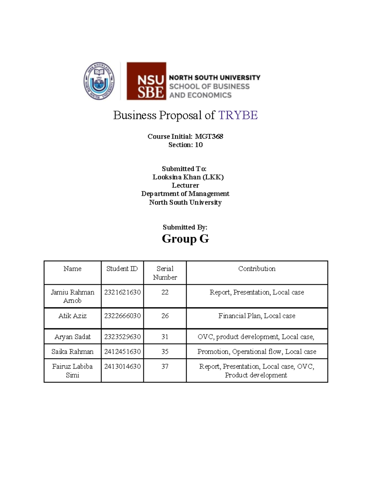 Business Proposal for TRYBE Course MGT368 - Section 10 - Studocu