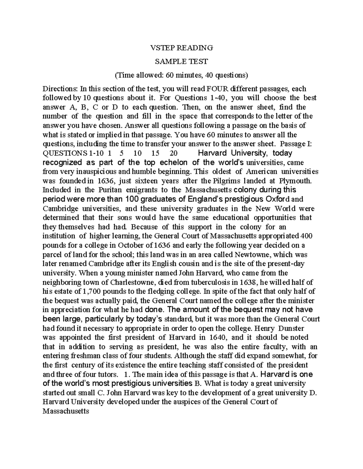 VSTEP READING SAMPLE TEST: 60 Min, 40 Questions on Passages - Studocu